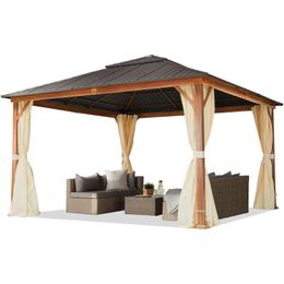 Gartenpavillon 4x4 m Holzoptik, Stahldach Hardtop 4 Seitenteile in champagner - champagnerfarben