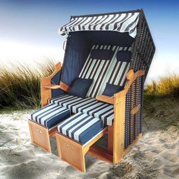 Strandkorb Deluxe 2-Sitzer xxl für 2 Personen 120cm breit mehrere Designs incl. Abdeckhaube Farbe Blau/Hellblau/Weiß gestreift - Brast