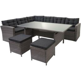 Poly-Rattan-Garnitur HHG 471, Gartengarnitur Sitzgruppe Lounge-Esstisch-Set Sofa grau, Kissen grau + 2x Hocker - grey