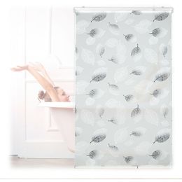 Duschrollo, 100 x 240 cm, Blatt Muster, Seilzug, flexible Montage, Duschvorhang für Badewanne, schwarz-weiß - Relaxdays
