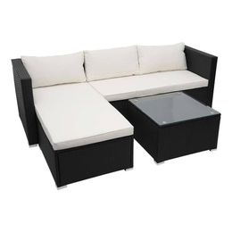 Poly-Rattan Garnitur HHG 831, Balkon-/Garten-/Lounge-Set Sofa Sitzgruppe schwarz, Kissen creme ohne Deko-Kissen - black