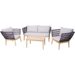 Gartengarnitur HHG 654, Lounge-Set Sofa Sitzgruppe, Seilgeflecht Rope Holz Akazie Spun Poly mvg Kissen hellgrau - grey
