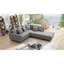 Wohnlandschaft Sofa Couch Ecksofa Eckcouch Gewebestoff hellgrau + Hocker Minsk R