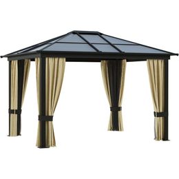 Outsunny - Luxus Pavillon Gartenpavillon Alu Partyzelt Gartenzelt mit lichtdurchlässigem pc Dach Braun+Beige 300 x 360 x 265 cm - Schwarz+Braun+Beige