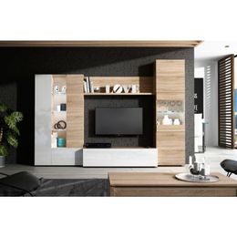 CAESAROO Wohnzimmer set Essential 260 cm glänzend weiß und Eiche Helle Eiche hell