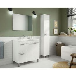 Dmora - Unterschrank Lakewood, Badezimmerschrank, Kleiderschrank mit 2 Türen und zwei Schubladen mit Spiegel, Waschbecken nicht enthalten, cm