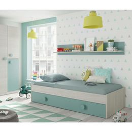 Einzelbett-Bett Lubbock, Bettrahmen für Schlafzimmer, Einzelbett mit ausziehbarem Kinderbett oder Kommode und passendem Regal, cm 201x98h43, Weiß und