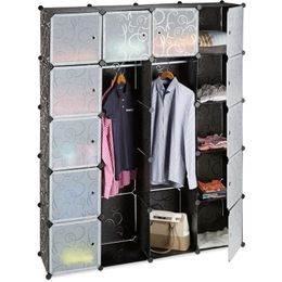 Kleiderschrank Stecksystem mit 2 Kleiderstangen, Garderobe mit 14 Fächer, Kunststoff Regalsystem, schwarz - Relaxdays