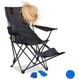 Relaxdays - Campingstuhl mit Fußablage, faltbarer Anglerstuhl mit Getränkehalter & Armlehnen, Tragetasche, 120kg, schwarz