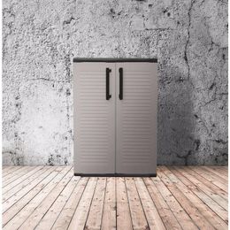 Mehrzweck Außen oder Innenschrank, niedriger Kleiderschrank mit 2 Türen und 1 Polypropylen Regal, 100% Made in Italy, 68x37h84 cm, graue Farbe - Dmora
