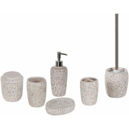 Beliani Badezimmer Set Weiß Naturstein Dolomit 6-teilig Terrazzo Optik Zahnputzbecher Seifenschale Seifenspender Toilettenbürste Becher Accessoires - Schwarz