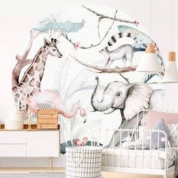 K&L WALL ART Runde Fototapete Kvilis Kinderzimmer Tiere Giraffe Vliestapete Elefant Tapete ø 188cm - weiß