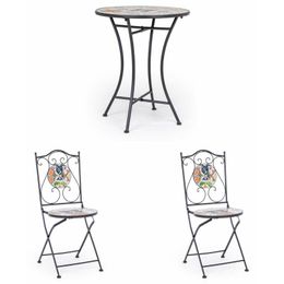 Bizzotto Runder Couchtisch und Klappstühle aus behandeltem Stahl für Garten und Bars -Couchtisch + 2 Stühlen / Paloma