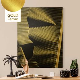 Bilderwelten Leinwandbild Gold Nahaufnahme Bananenblatt - Wandbilder XXL Print Botanik Tropical Wohnzimmer Schlafzimmer Bad Badezimmer K&uuml;che Flur Esszimmer Gold