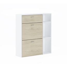 Skraut Home - Schuhregal WIND, Strukturfarbe Weiß, Puccini-Farbe in den 2 Schwingtüren und Schublade, Maße 90x26x101,5cm hoch. - MULTICOLOR