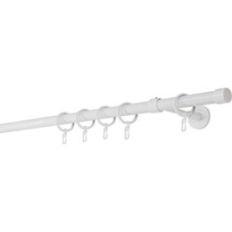 ONDECO - Gardinenstange auf Maß 20mm Cap 1-lauf Vorhangstange Wandträger Deckenträger 14cm Stilgarnitur mit Ringen für Vorhänge - Weiß - 210cm