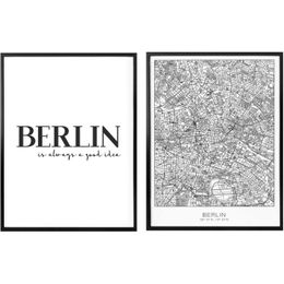 Wall-Art Poster Berlin Stadtkarte Schriftzug Set, Blumen (Set, 2 St), Collage mit Bilderrahmen, grau|schwarz|weiß