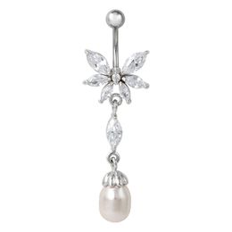 Firetti Bauchnabelpiercing Schmuck Geschenk Piercing Körperschmuck Blume, mit Zirkonia - mit Perle (synth), grau|weiß