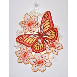 Stickereien Plauen Fensterbild Schmetterling auf Blume, Hakenaufhängung, bunt