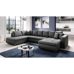 Xxl Sofa fiorenzo mit Schlaffunktion Sofakissen Couch U-Form MA195-AI14/ Grau-Dunkelgrau - Furnix