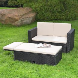 Mucola Polyrattan Gartensofa und klappbare Fußbank Lounge Sessel Gartenmöbel schwarz