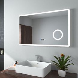 Badspiegel mit Beleuchtung, led Wandspiegel 100x60cm (Warmweißes/Kaltweißes/Neutrales Licht, Touch-Schalter, Uhr, 3-fach Lupe) - Emke