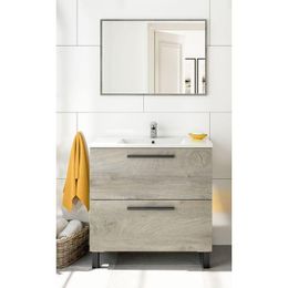 CAESAROO Badezimmerschrank auf dem boden 80 cm Eiche mit waschtisch und spiegel Eiche hell - Mit Led-Lampe