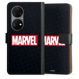 DeinDesign Handyhülle Marvel Comic Logo Marvel Logo Black Red, Huawei P50 Pro Hülle Handy Flip Case Wallet Cover Handytasche Leder, schwarz