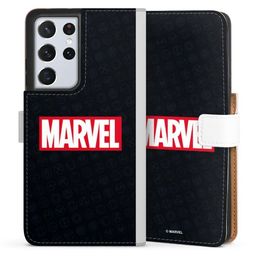 DeinDesign Handyhülle Marvel Comic Logo Marvel Logo Black Red, Samsung Galaxy S21 Ultra 5G Hülle Handy Flip Case Wallet Cover, weiß