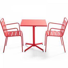 Klappbarer quadratischer gartentisch aus Metall und 2 Sessel Rot - Rot