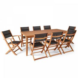 Ausziehbarer Gartentisch aus Holz mit 2 Sesseln und 6 Stühlen Schwarz - Schwarz