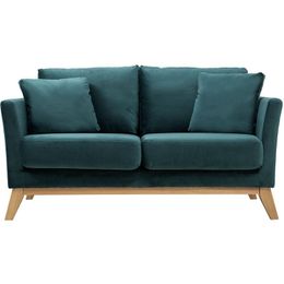 Miliboo Sofa skandinavisch 2 Plätze Samt Blaugrün helle Holzbeine OSLO - Entenblau