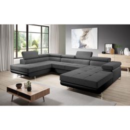 Furnix - Zante Couch Sofa Schlafsofa U-Form U-Sofa Schlaffunktion MA1100-OR96 Grau-Leder Schwarz