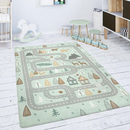 Kinderteppich Teppich Kinderzimmer Spielmatte Straße Bär Elch Bäume Grün Grau 120 cm Rund - Paco Home