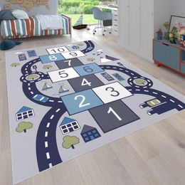 Kinder-Teppich Für Kinderzimmer, Spiel-Teppich Mit Hüpfkästchen und Straßen, Grau ø 200 cm Rund - Paco Home