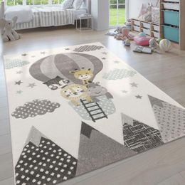 Paco Home Kinderzimmer Teppich Blau Grau Heißluftballon Wolken Tiere 3-D Design Pastell 140x200 cm