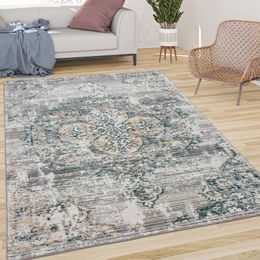 Teppich Wohnzimmer Kurzflor Vintage Moderne Orient Optik Abstrakt Grau Grün 80x150 cm - Paco Home