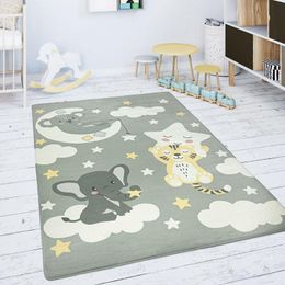 Kinderteppich Teppich Kinderzimmer Spielmatte Rutschfest Stern Wolke Mond Grau Weiß 150 cm Rund - Paco Home