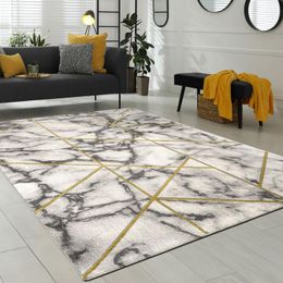 Paco Home - Teppich Wohnzimmer Kurzflor Marmor Design Bordüre Geometrisch Grau Gold 160 cm Rund