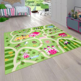 Kinder-Teppich Für Kinderzimmer, Spiel-Teppich Mit Landschaft und Pferden, In Grün ø 200 cm Rund - Paco Home