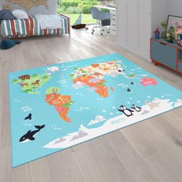 Paco Home Kinder-Teppich Für Kinderzimmer, Spiel-Teppich, Weltkarte Mit Tieren, In Türkis Ø 160 cm Rund