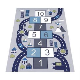 Paco Home Kinder-Teppich Für Kinderzimmer, Spiel-Teppich Mit Hüpfkästchen und Straßen, Grau 200 cm Quadrat