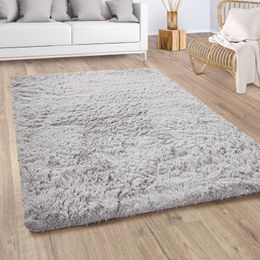 Hochflor Teppich Wohnzimmer Fellteppich Kunstfell Flauschig Rutschfest Silber Grau 140x200 cm - Paco Home