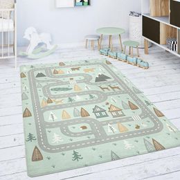Kinderteppich Teppich Kinderzimmer Spielmatte Straße Bär Elch Bäume Grün Grau 150 cm Rund - Paco Home