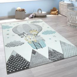 Kinderzimmer Teppich Blau Grau Heißluftballon Wolken Tiere 3-D Design Pastell 120x170 cm - Paco Home