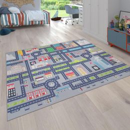 Paco Home - Spielteppich Kinderteppich Kinderzimmer Straßenteppich Auto Straßen Motiv, Grau 120x160 cm