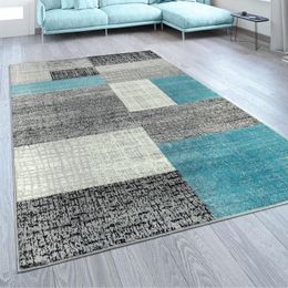 Paco Home - Wohnzimmer Teppich Modern Kurzflor Karo Design Used Look Türkis Grau Weiß 80x150 cm