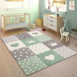 Kinderteppich Teppich Kinderzimmer Pastell 3D Effekt Punkte Herzen Sterne Grün Grau 200 cm Rund - Paco Home