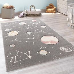 Paco Home - Kinder-Teppich, Spiel-Teppich Für Kinderzimmer Mit Planeten Und Sternen, In Grau ø 120 cm Rund