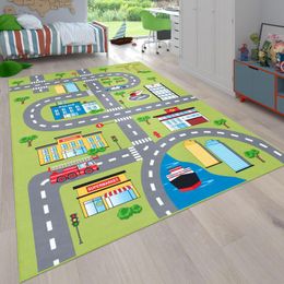 Paco Home - Teppich Kinderzimmer Kinderteppich Spielteppich Straßen Und Auto Motiv Grün Grau 140x200 cm